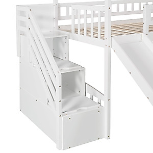 YOPTO Twin Size Loft Bed with Slide and Storage Steps,Wooden Playhouse BedFrame,w/Two Drawers & Safety Guardrail,No Box Spring Needed,for Kids, Teens, Girls, Boys,White