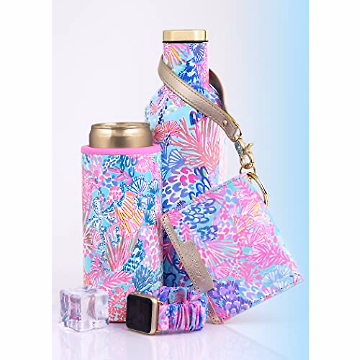Lilly Pulitzer Slim Can Cooler, Double Wall Stainless Steel, Insulated Drink Sleeve for 12 Oz Skinny Bottles and Seltzers, Splendor in the Sand