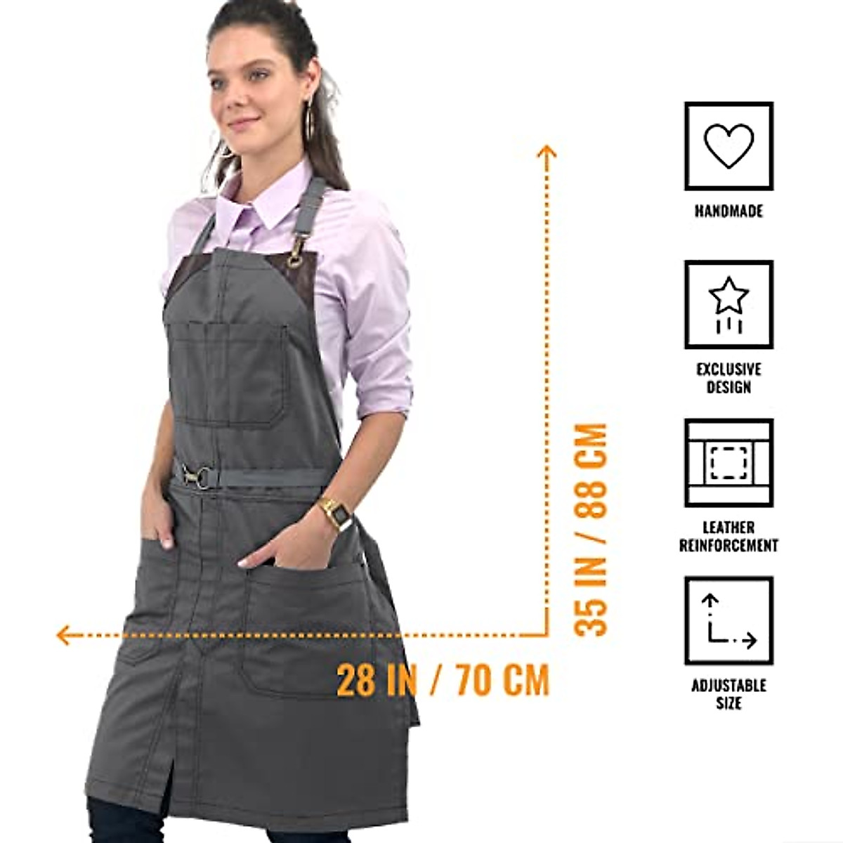 Under NY Sky No-Tie Armor Gray Apron – Durable Twill with Leather Reinforcement, Split-Leg – Adjustable for Men and Women – Pro Barber, Tattoo, Barista, Bartender, Baker, Hair Stylist, Server Apron