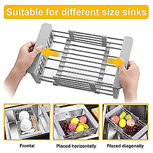 LUEXBOX Expandable Dish Drying Rack Over The Sink, Stainless Steel Drainer Basket with Adjustable Arms for Vegetable and Fruit (Grey)
