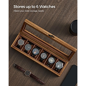 SONGMICS Watch Box, 6-Slot Watch Case, Solid Wood Watch Box Organizer with Glass Lid, Rustic Walnut UJOW006K01