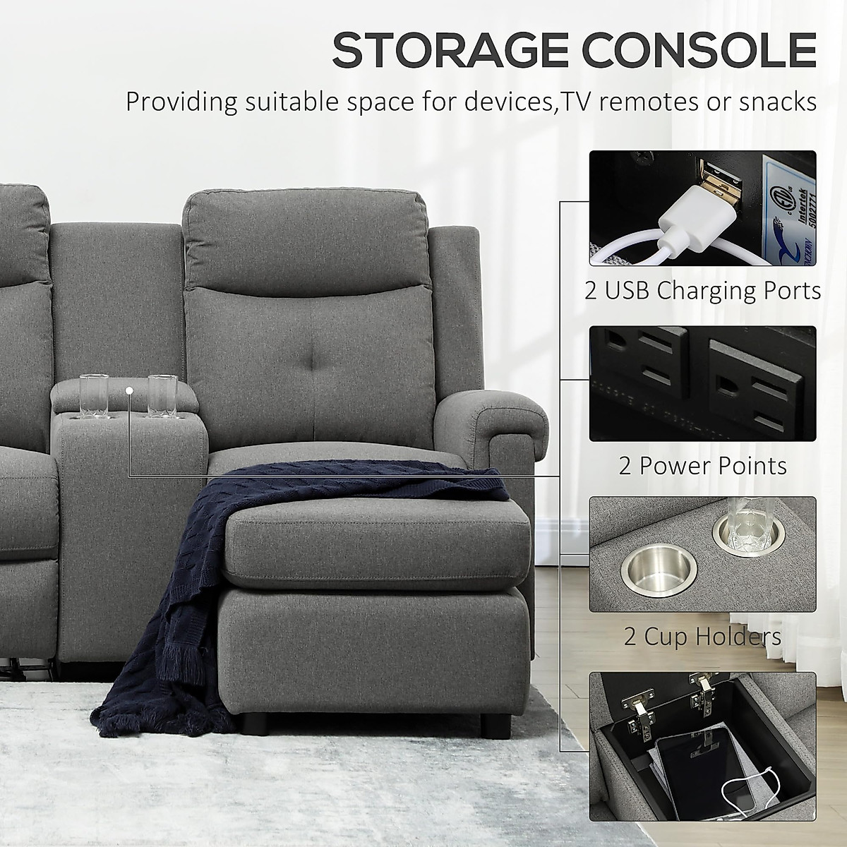 HOMCOM L-Shaped Sofa, Manual Reclining Sectional with Chaise Ottoman, Storage Console, Cup Holders, USB Charging, Gray