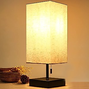 LIANGZ AI Bedside Table Lamp - Minimalist Lamps for Bedrooms,Living Room,Office,Fabric Linen Lamp Shade,Modern Desk Lamp with Black Metal Base and Chain Switch