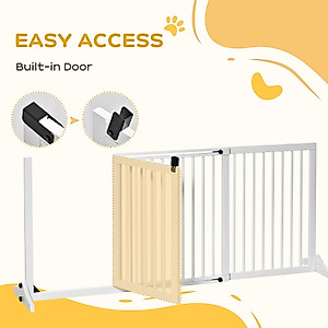 PawHut Adjustable Wooden Pet Gate, Freestanding Dog Fence for Doorway, Hall, 3 Panels w/Safety Barrier, Lockable Door, White, 44.5"-65.25" L x 14.25" H