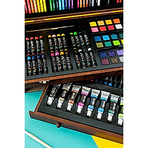 Art 101 USA Deluxe Art Set with 119 Pieces in a Wood Organizer Case, Includes Color Pencils, Paints, brushes and palettes, Learning guides, Portable Art Studio