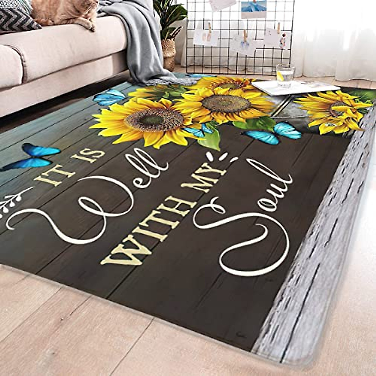 ROZERA Area Rug,Butterfly Sunflower on Wooden Board Non-Slip Mat Area Rug Runners Floor Soft Carpet for Kitchen Bedroom Living Room Bathroom Girls Room Decoration,Retro Farmhouse Decor 19.7x31.5in