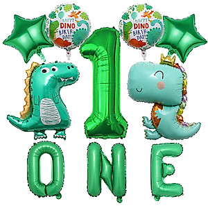 Dinosaur 1st Birthday Party Balloons,32 Inch Big Mylar Foil Number Balloon 1 Green for Baby Shower 1st Birthday Party Decorations,ONE Letter Balloon, Dinosaur Theme Party Decorations 10 Pcs