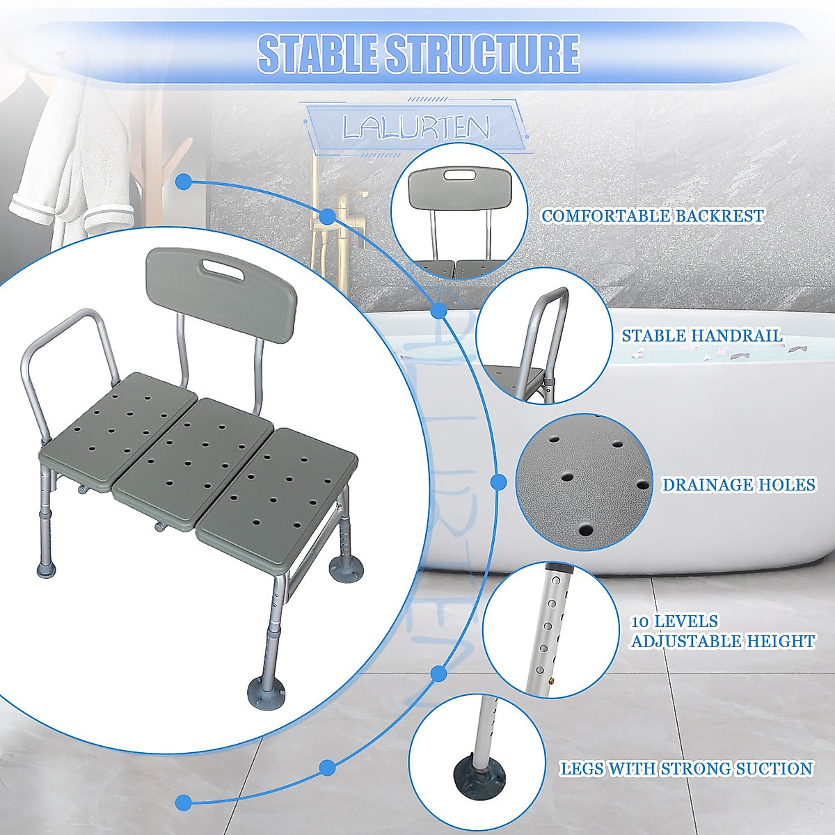 Lalurten Bathtub Transfer Bench with Height Adjustable Legs Tub Transfer Bench Shower Chair with Backrest & Armrest Convert to Right/Left Hand Entry Transfer Bench for Bathtub Support 330 lbs (Grey)