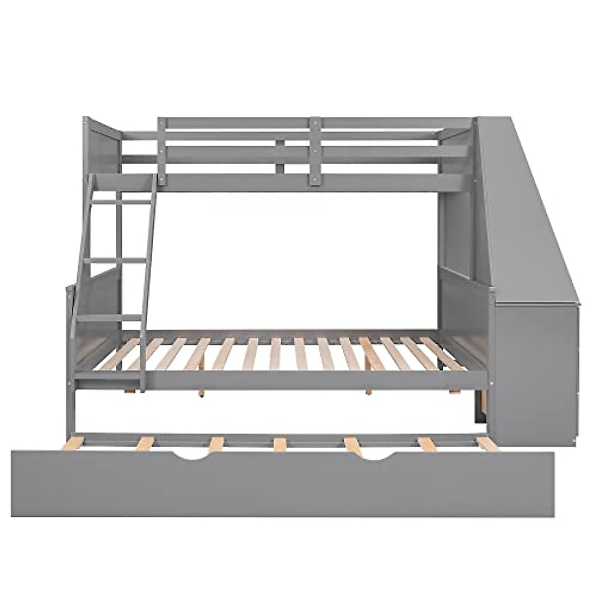 Twin Over Full Bunk Bed with Desk and Trundle, Wooden Bunk Beds Twin over Full Size with Storage Drawers and Shelf ,Storage Bunk Beds with Ladder & Guardrails for Kids Girls Boys ,Grey