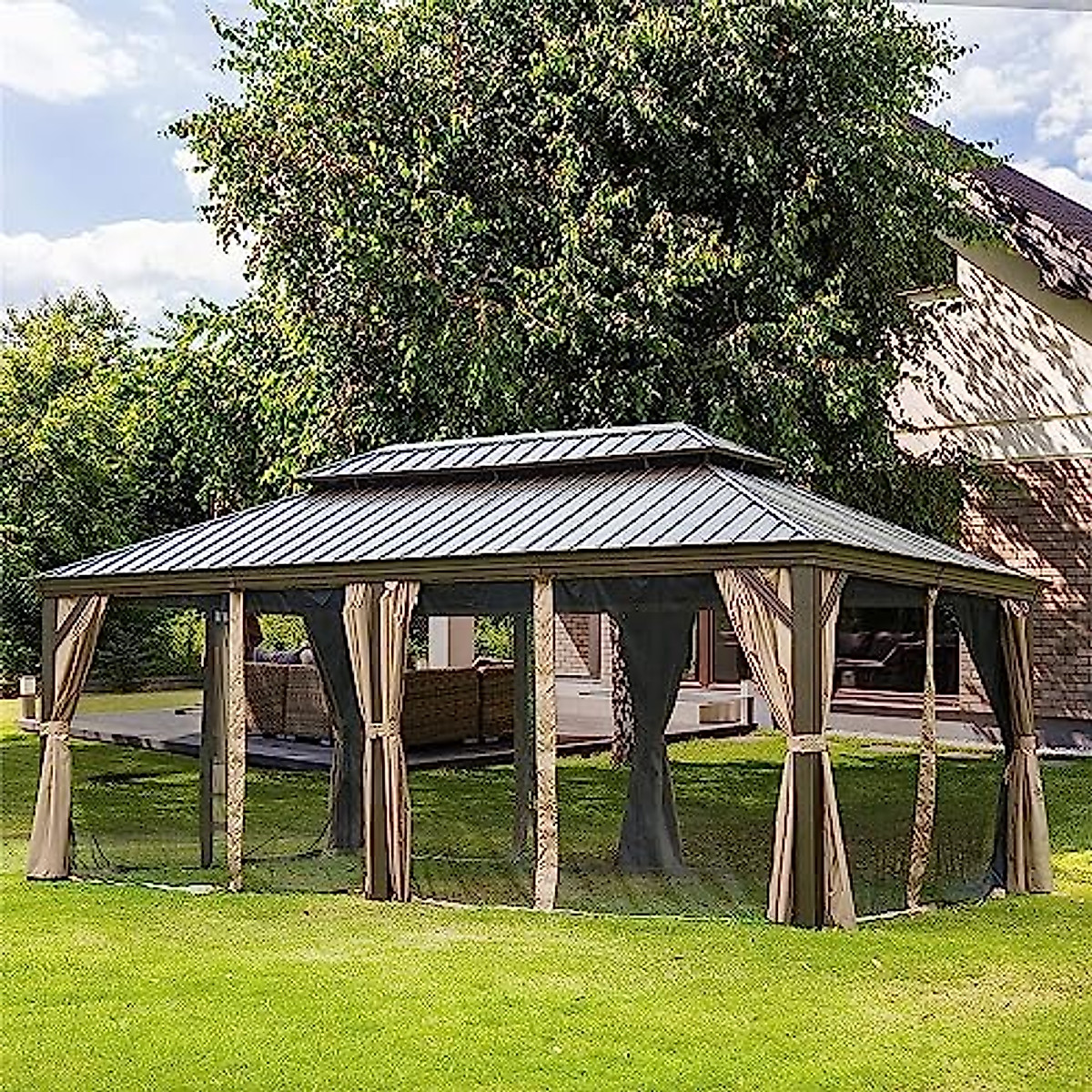 Evedy 12'x20' Hardtop Gazebo, Outdoor Aluminum Frame Canopy with Galvanized Steel Double Roof, Outdoor Permanent Metal Pavilion with Curtains and Netting for Patio,Backyard and Lawn