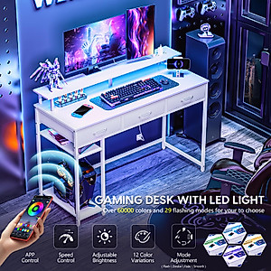 WASAGUN Computer Desk with Drawers and Storage Shelves, Home Office Desk with LED Lights & Power Outlets, Gaming Desk with Monitor Stand, Writing Study Desk, Kids Small Desk for Bedroom, White