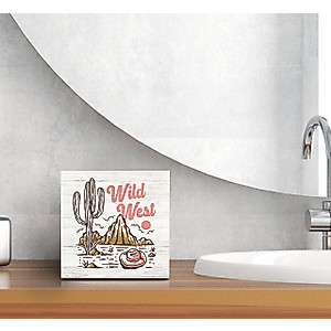 SRADMO Retro Western Country Cowboy Hat Cactus Mountain Wood Box Sign Desk Decor，Wild West Wooden Block Box Sign Decoration For Western Home Shelf Table Decor