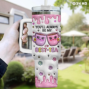 34HD Bestie Tumler with Handle & Straw, 40oz Stainless Steel Vacuum Insulated Best Friend Cup, Anniversary Christmas Birthday Gifts for Women Work Bestie Soul Sisters Best Friend