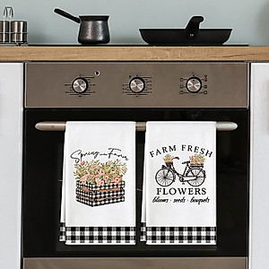 AnyDesign Spring Kitchen Towels Watercolor Farmhouse Floral Dish Towel Rustic White Black Buffalo Plaids Hand Drying Tea Towel for Cooking Baking Cleaning Wipes, Set of 4, 18 x 28 Inch