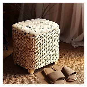 ALDEPO Shoe Cabinet Ottoman Storage Boxes Handmade Straw Solid Wood Shoe Changing Stool Multifunctional Rattan Footstool Healthy and Clean Dual Use Footstool for Home Closet Bedroom