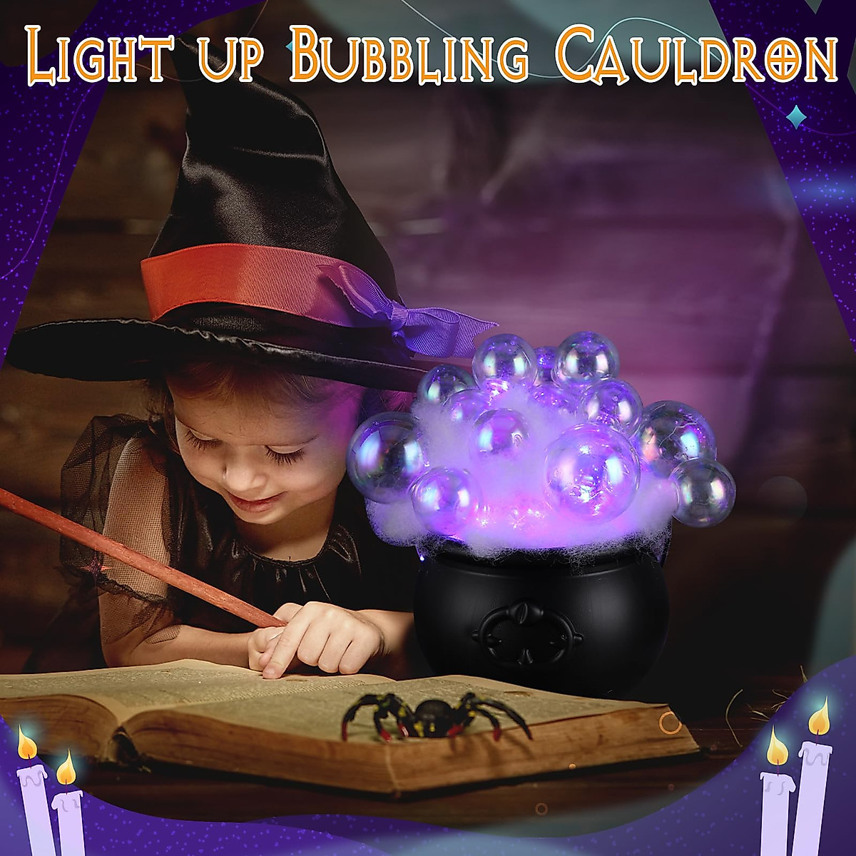 Liliful Light up Bubble Cauldron DIY Set, 7.68" Black Plastic Witches Cauldron with Handle 24 Pcs Clear Plastic Balls and String Light Halloween Cauldron Candy Bowl for Halloween Decorations (Purple)