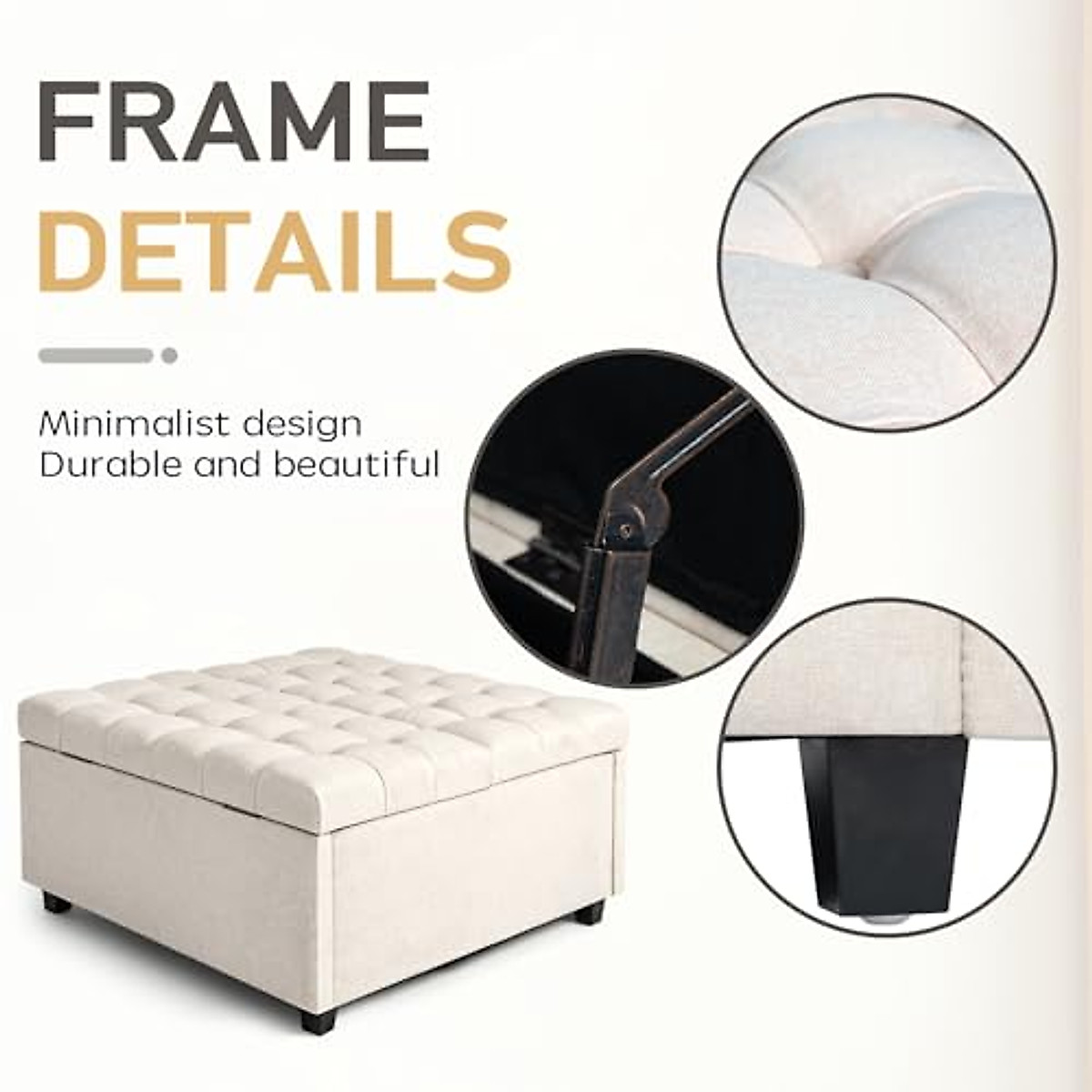 CangLong 31.5" Wide Square Storage Ottoman Bench, Upholstered Tufted Linen Footrest, Coffee Table with Storage for Living Room & Bedroom, Beige