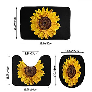 Wondertify Sunflower Bathroom Antiskid Pad Summer Beautiful Blooming Yellow Flower 3 Pieces Bathroom Rugs Set, Bath Mat+Contour+Toilet Lid Cover Black