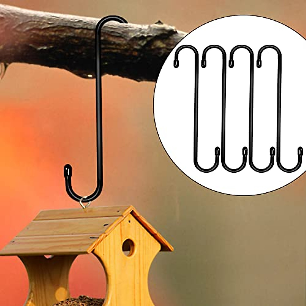 Dreecy 10 inch Extra Large S Hooks Heavy Duty Black Long S Hooks for Hanging Plants Extension Hooks for Garden,Kitchenware,Pergola,Patio,Flower Basket,Indoor Outdoor Uses(4 Pack)