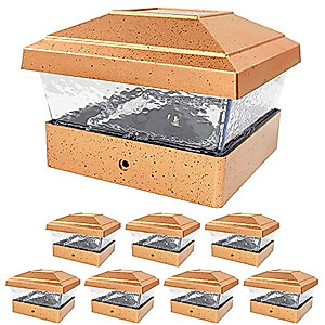 8 Pack Copper Outdoor Garden 5 x 5 Solar LED Post Deck Cap Square Fence Light Hammered Lens Landscape Lamp PVC Vinyl