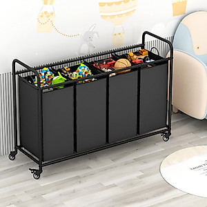 LINZINAR 4 Bag Laundry Basket Sorter Laundry Hamper Cart with Heavy Duty Rolling Lockable Wheels and Removable Bags,Black