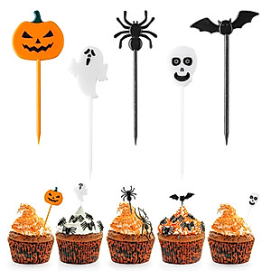 GlyinnHe 50PCS Halloween Picks Cupcake Toppers Plastic Halloween Toothpicks Halloween Cupcake Food Cocktail Appetizer Picks for Halloween Baby Shower Birthday Wedding Party Supply
