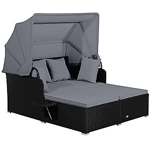 Tangkula Patio Rattan Daybed with Retractable Canopy, Patiojoy Wicker Sun Lounger with 2 Foldable Side Panels, Thick Seat & Back Cushions, for Garden, Backyard, Porch (Grey)