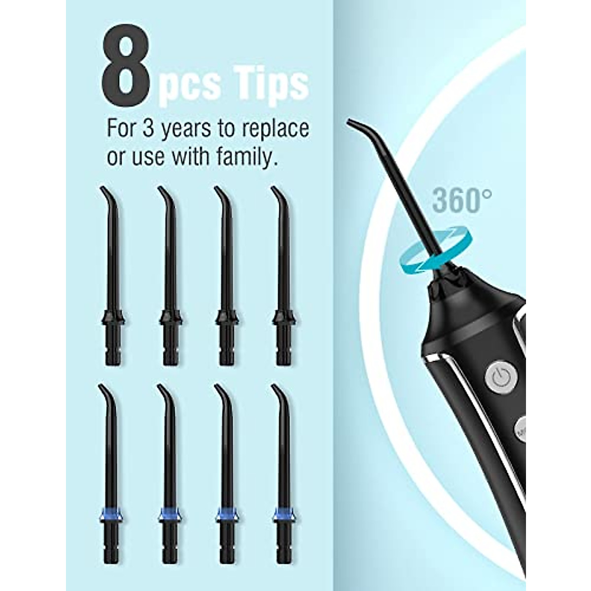 Cordless Water Flosser for Teeth, YaFex 320ML Portable Water Tooth Cleaning Pick Dental Oral Irrigator with 8 Tips, 5 Modes, Rechargeable, IPX7 Waterproof for Home Black