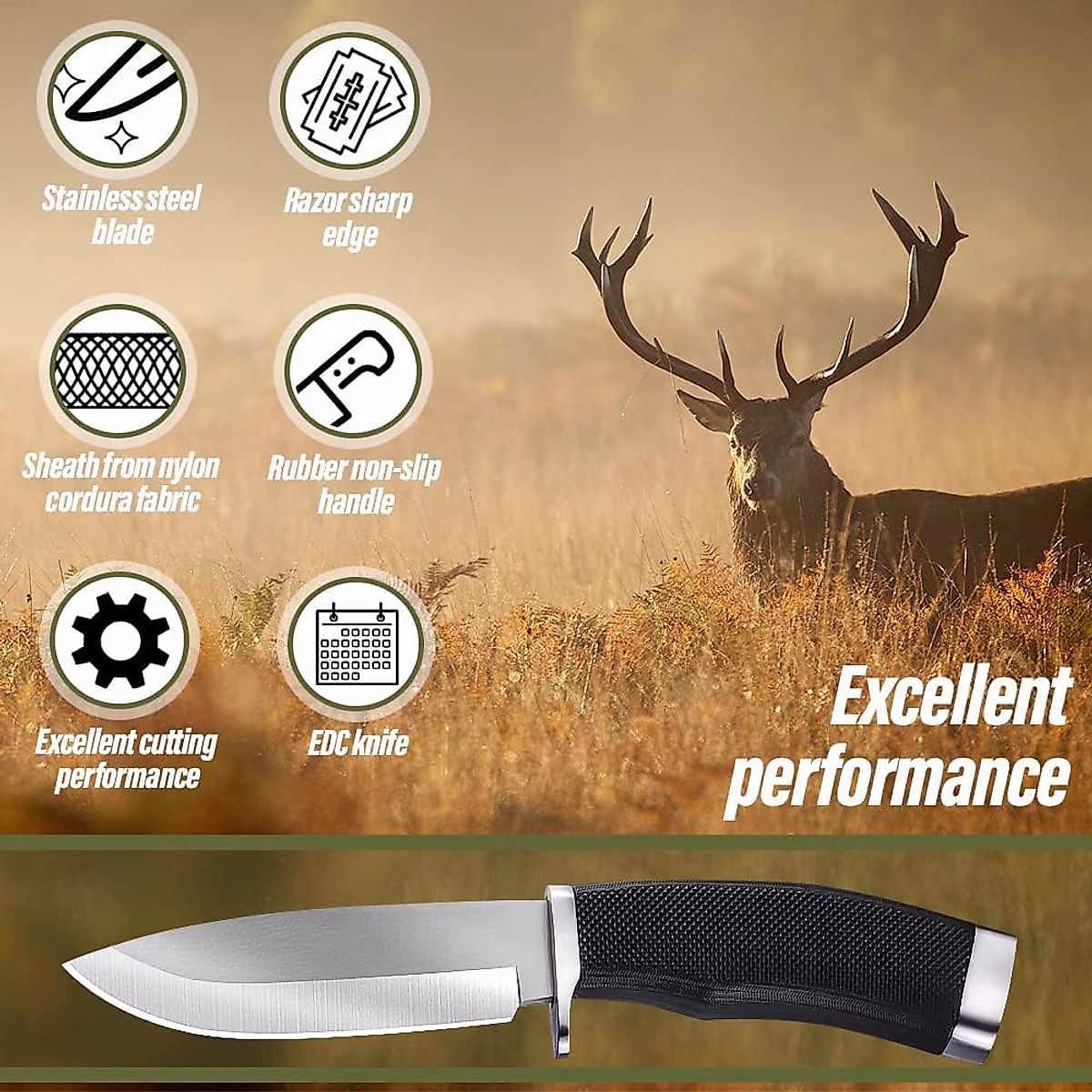 Grand Way Tanto Camping Knife with Sheath – 3+ Colors – 5.9" Fixed Full Tang Mirror Polished Blade – Hunting Knife with Sheath Survival Knives for Men