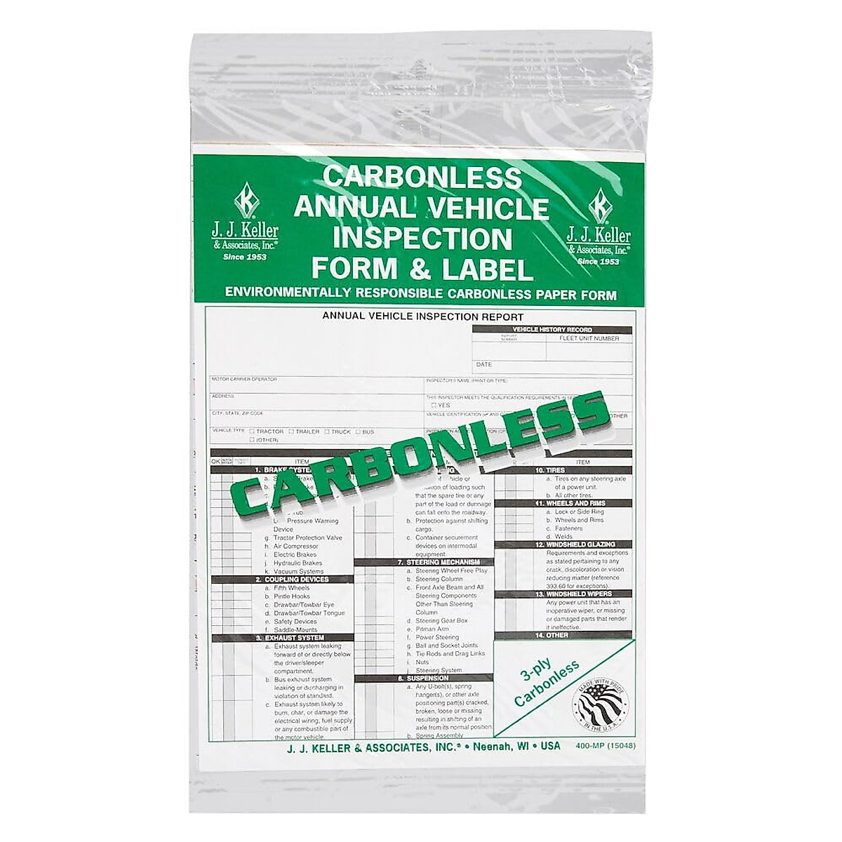 Annual Vehicle Inspection Report (Shrinkwrapped Snap-Out Format, 3-Ply Carbonless, 8.5" x 11.75") with Label (2-Ply Vinyl with Mylar Laminate, 5" x 4") - 10-pk.