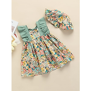 6M-3Y Summer Newborn Infant Toddler Baby Girls Dress Flower Print Ruffles A-Line Dresses + Cap Outfits (Green, 6-12 Months)