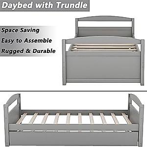 Anwickmak Wooden Twin Daybed with Trundle, Trundle Bed Twin, Modern Platform Day Beds Frames for Kids,Teens,Boys,Girls,Solid Wood Slat Support,Noiseless,No Box Spring Needed,Easy Assemble (Grey)