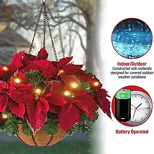 JUOPZKENN Prelit Artificial Christmas Hanging Basket, Artificial Poinsettia Hanging Basket Christmas Decoration Pendant with LED Lights, Fake Floral Arrangement Ornaments Xmas Holiday Favor