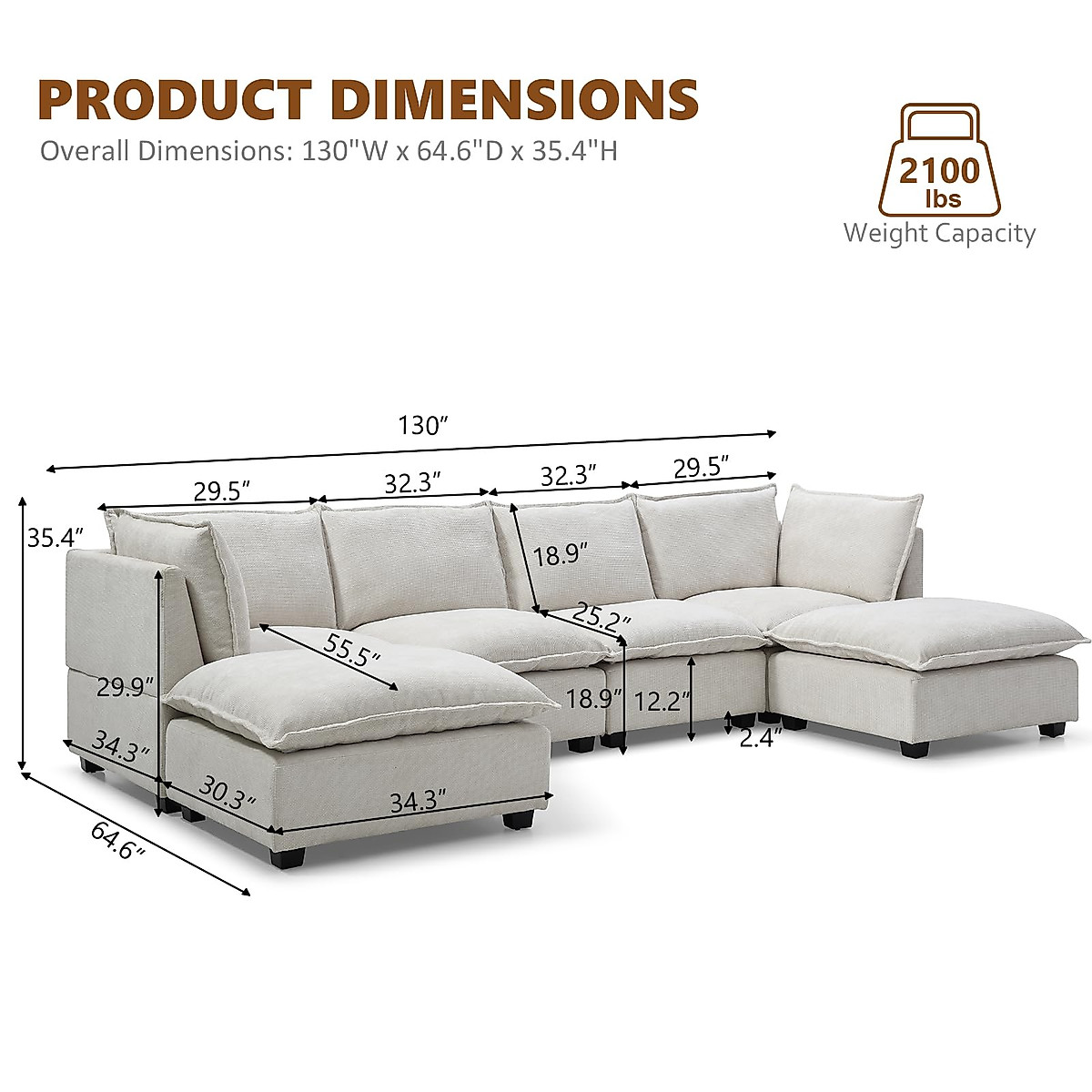 KIVENJAJA 130”W Oversized U-Shaped Down Filled Sectional Couch, 6 Seater Comfy Modular Cloud Sofa with 2 Ottomans, Modern Sleeper Sofa for Living Room, Linen Fabric, Beige