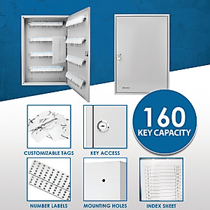 Barska Key Lock Key Cabinet Lock Box with Numbered Hooks and Tags - 160 POSITION - WHITE TAGS
