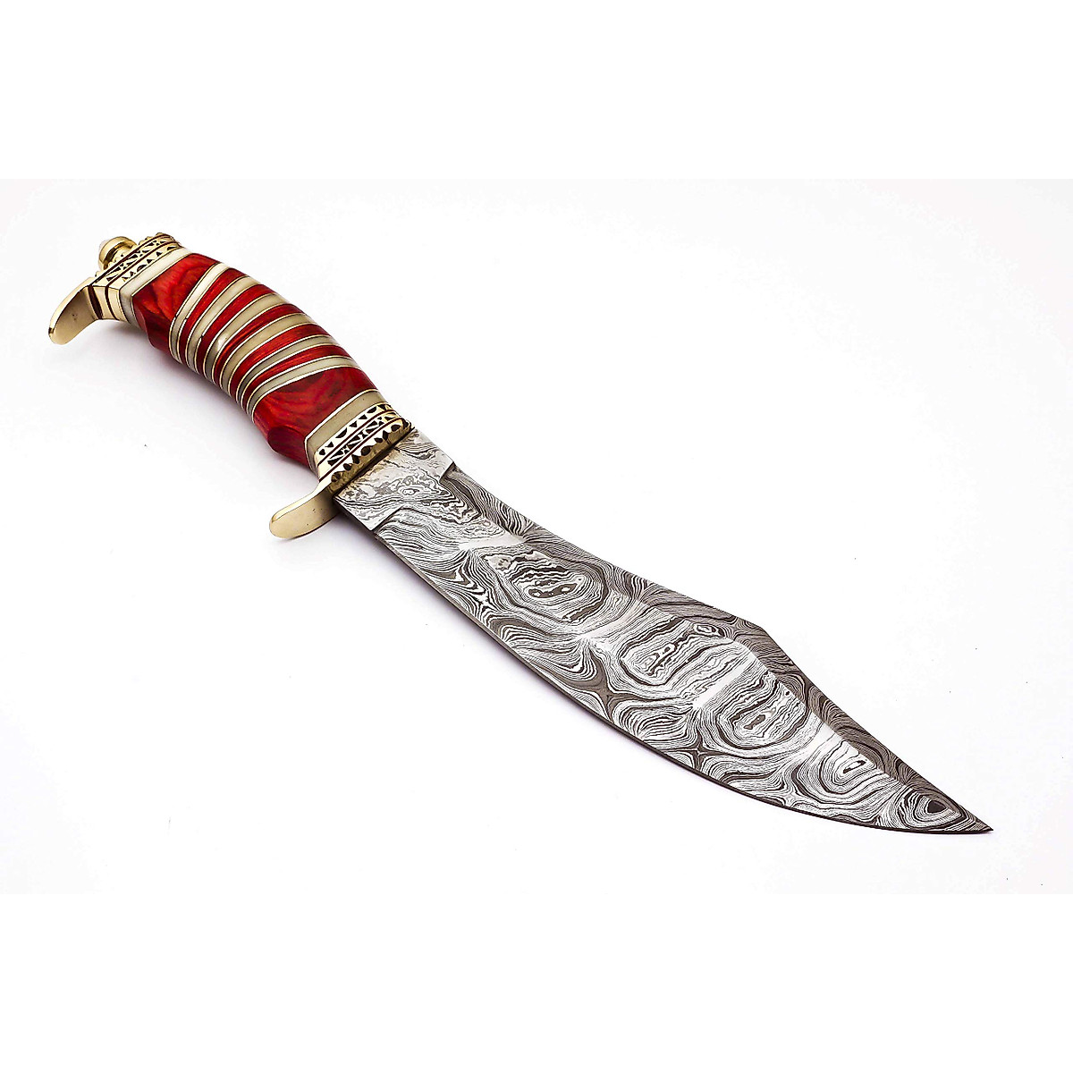 Skokie Knives Custom Hand Made Damascus Steel Hunting Bowie Knife Handle Camel Bone (Red)