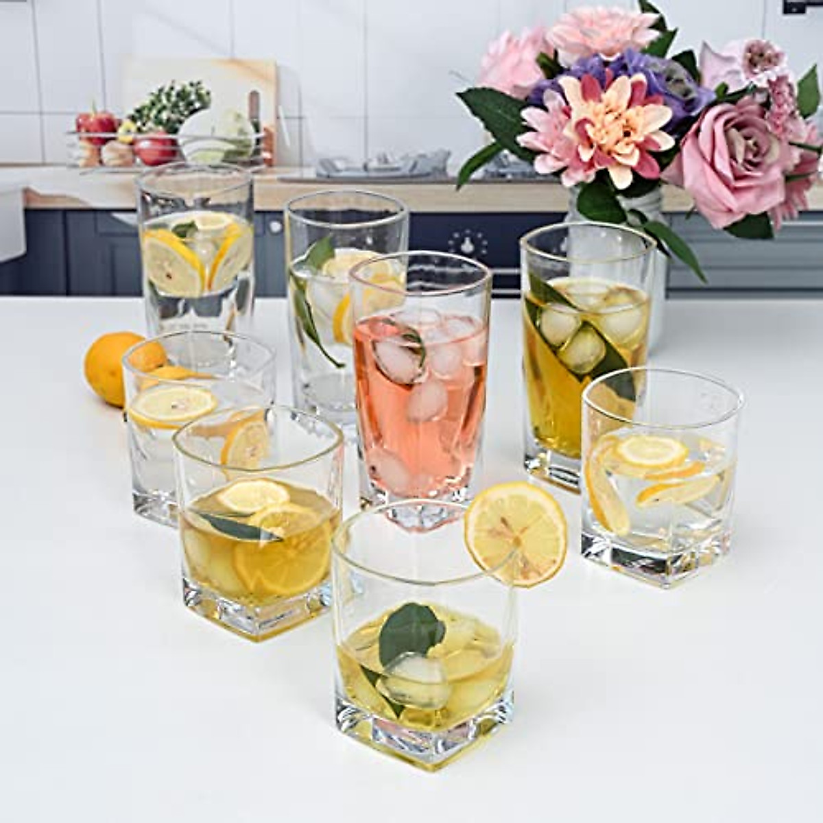Collins Everyday Drinking Glasses Set of 16 Drinkware Kitchen Glasses for Cocktail, Iced Coffee, Beer, Ice Tea, Wine, Whiskey, Water, 8 Tall Highball Glass Cups & 8 Short Old Fashioned Drinking Glass