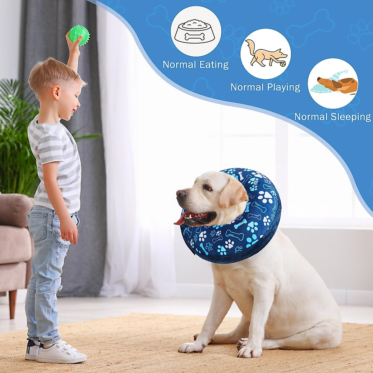 SCENEREAL Dog Cone Alternative After Surgery Donut Collar, Soft Pet Recovery Pillow Collar for Medium Large Dogs, Inflatable Adjustable Neck Collars to Prevent Licking, Bone and Paw Print E-Collars