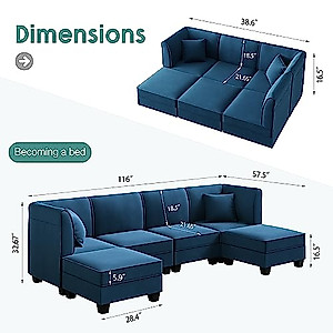 Shintenchi Reversible Modular Sectional Sofa Couch,116" Velvet U-Shaped Sectional Couch Sofa with Ottomans, 6 Pieces Modular Large Sectional Sofa Set for Living Room,Blue