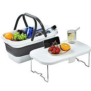 Foldable Picnic Basket with Lid and Tray Table, Collapsible Camping Basket Tub with Handle, Portable Basin Bucket for Camping BBQ