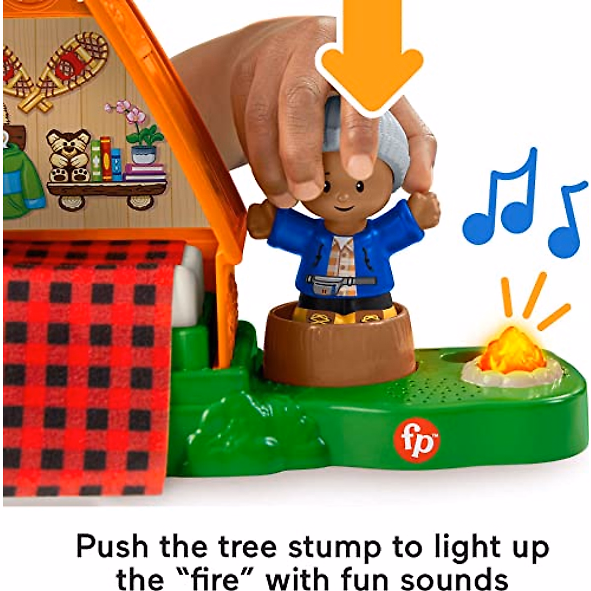 Fisher-Price Little People Toddler Playset Cabin With Camper Figure Plus Campfire Light And Sounds For Pretend Play Ages 1+ Years