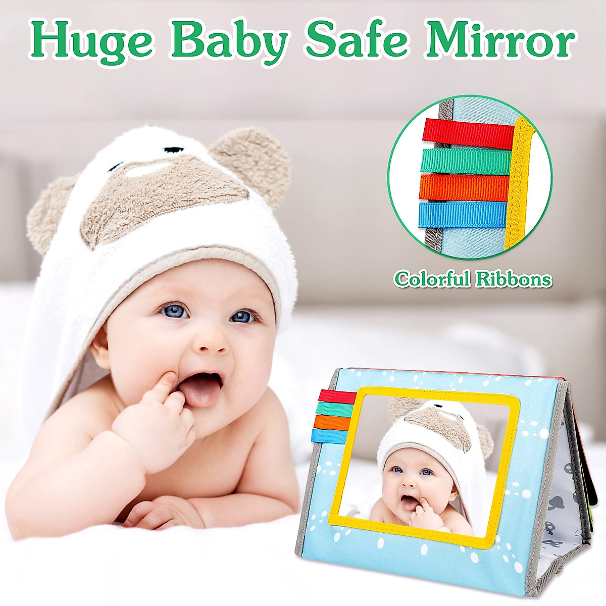 Aboosam Tummy Time Mirror Baby Toys 0-6 Months - Infant Toys Black and White High Contrast Baby Crinkle Toys 0-3 Months with Teether - Montessori Newborn Brain Development Sensory Toys for Babies