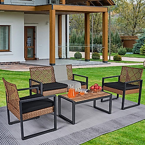 Finca ancha Patio Furniture Set 4 Pieces, Outdoor Furniture with Acacia Wood Table Top Coffee Table, Outdoor Wicker Patio Furniture for Yard, Pool, Backyard Sillas para Patio