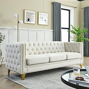 JEEOHEY Chesterfield Sofa,Oversized Velvet Sofa Couch,Deep Seat 3 Seater Sofa,Modern Sofa Chair with Button Nailhead,Upholstered Futon Couches,Furniture for Living Room,Bedroom,Office(Beige)