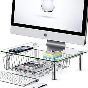 Simple Houseware Clear Glass Computer Monitor Stand Riser with Drawer