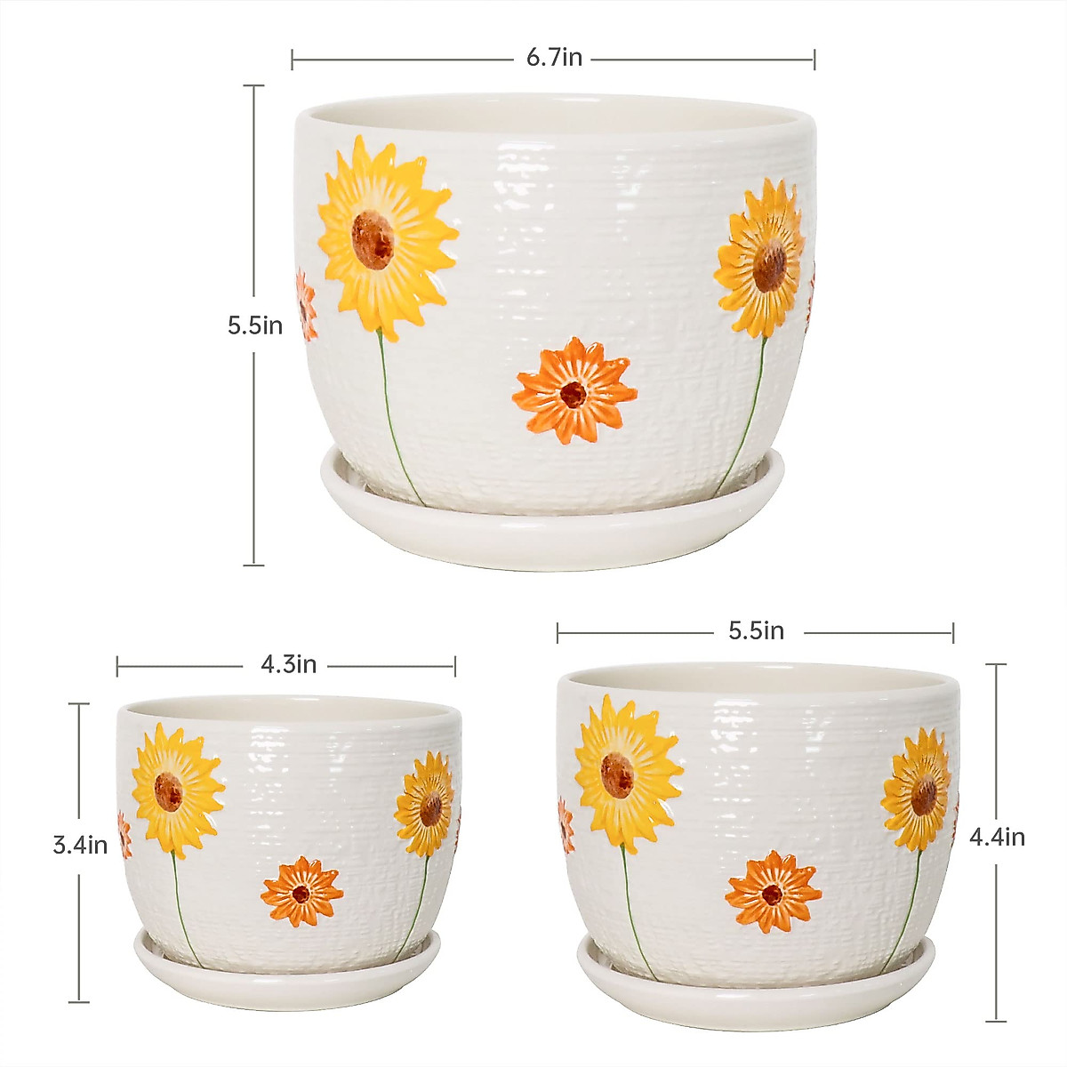 Ton Sin Plant Pots,Set of 3 Ceramic Flower Pots for Indoor Plants,4+5+6 inch Planter with Drainage Hole Saucer,Garden Pots Catus Planters (Sunflower Set of 3)