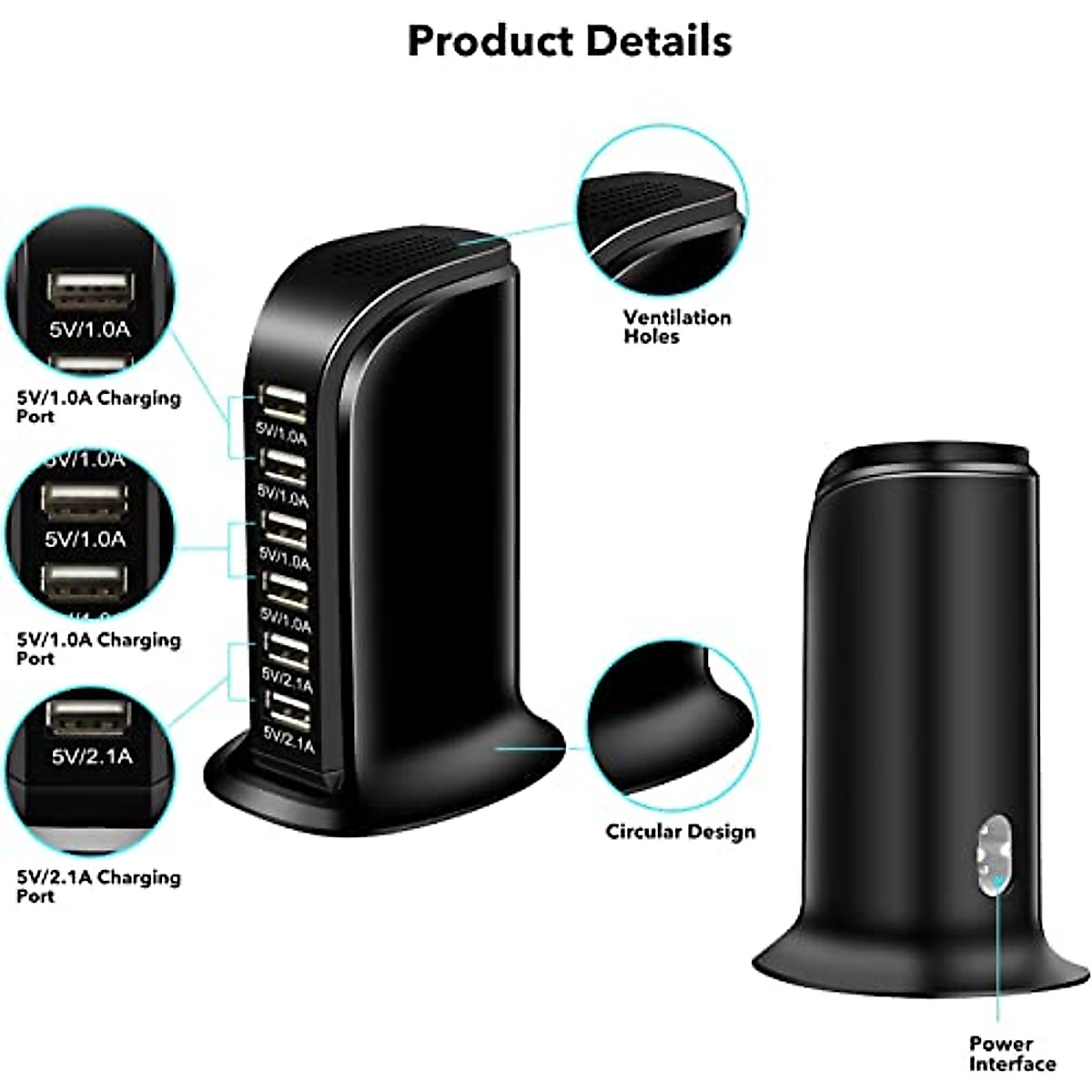 Charging Station for Multiple Devices, USB Charging Hub 30W 6 Port Fast Charging Station, Multiport Wall Charger Quick Charge 2.1A Tower Power Adapter