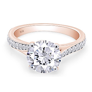 SAVEARTH DIAMONDS 2 Carat Round Cut Lab Created Moissanite Diamond Split Shank Solitaire Engagement Ring In 14K Rose Gold Plated 925 Sterling Silver Jewelry (G-H Color, 2.00 Cttw) Ring Size -6.5