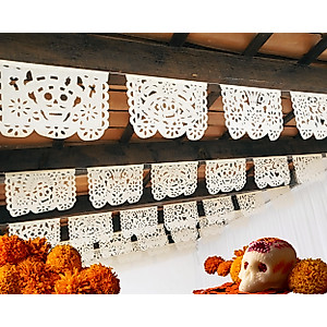 Off White Papel Picado Dia de Los Muertos Altar, Day of the Dead banner, Paper Party Decoration, Mexican Calaveras 5 Pack|Tissue Paper