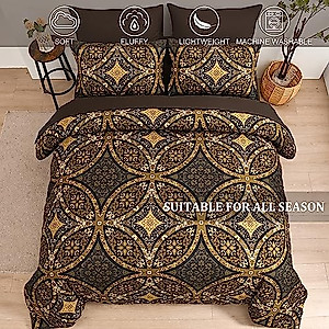 Boho Comforter Set Queen, Bohemian Black Bed in a Bag Bedding Set - 7 Pieces Black and Gold Reversible Comforter for Queen Size Bed, All Season Warm Lightweight Boho Bed Complete Set with Sheets